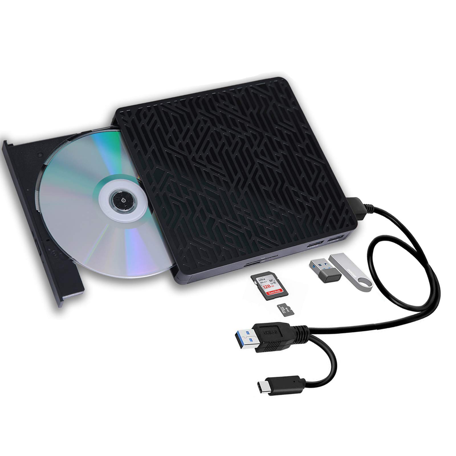 USB 3.0&USB-C External CD DVD Drive,Multifunctional External CD/DVD +/- RW Burner Player Writer Support SD/TF Card/2 USB 3.0 ports/Charging,Compatible with Mac OS/Windows /MacBook/Laptop/Desktop-Black