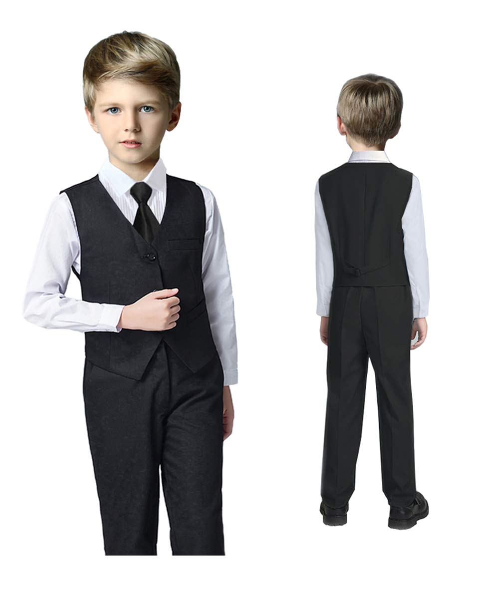 Fersumm Boys Suits Slim Fit Dress 4 Pieces Vest Set Youth Suits for Formal Occasions Black Size 2T