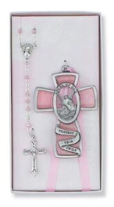 guardian angel boys girls pewter crib cross rosary set nursery room decor baptism christening (pink)