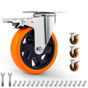 5" swivel plate casters wheels with screw safety dual locking and polyurethane foam no noise wheels,heavy duty-550 lbs per caster