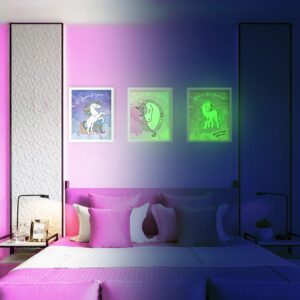 unicorn wall decor, glow in the dark unicorn posters for girls bedroom, glowing pictures including inspired words, birthday gift for girls, little kids nursery, toddlers