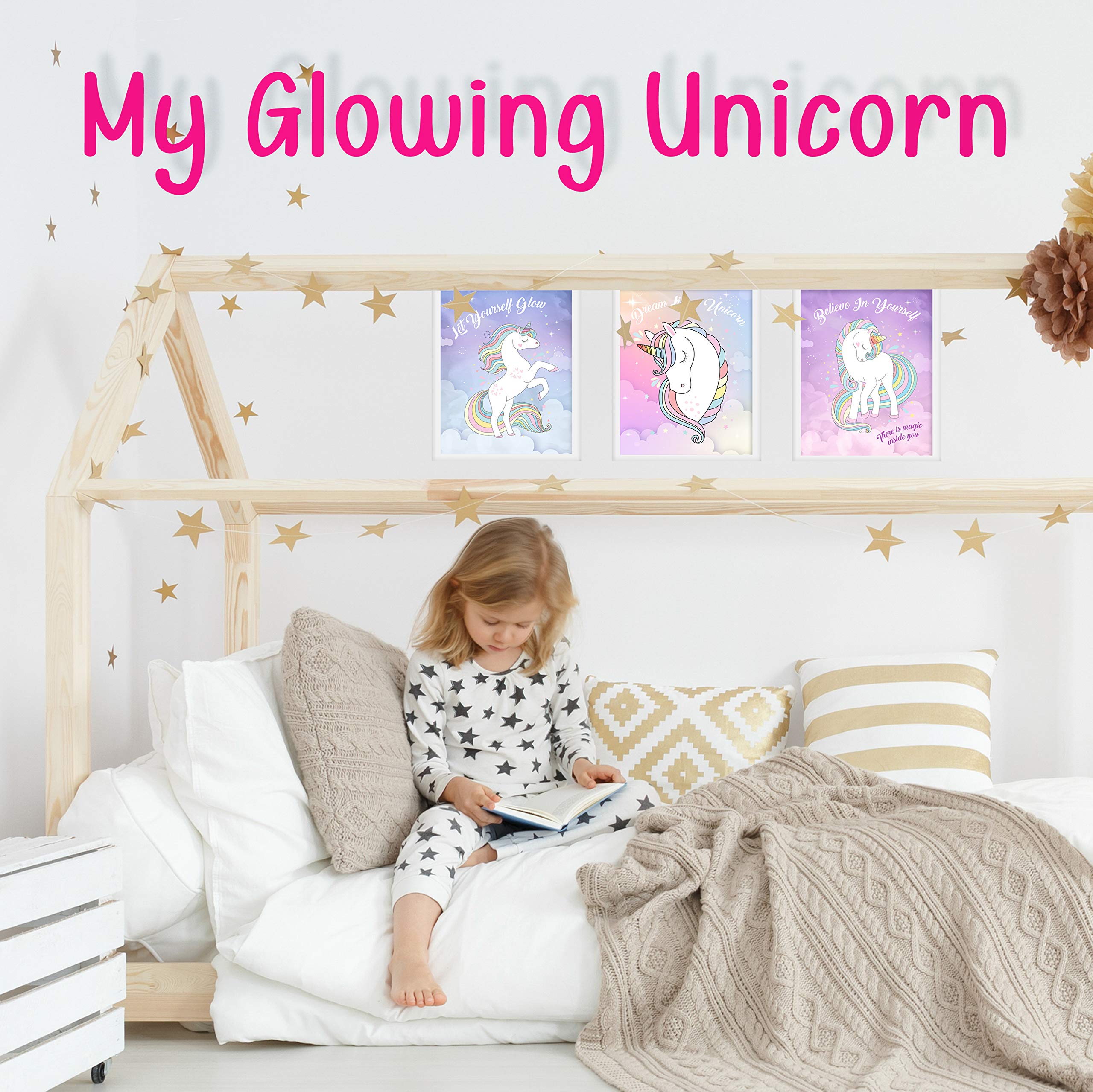 Unicorn Wall Decor, Glow In The Dark Unicorn Posters for Girls Bedroom, Glowing Pictures including Inspired Words, Birthday Gift for Girls, Little Kids Nursery, Toddlers