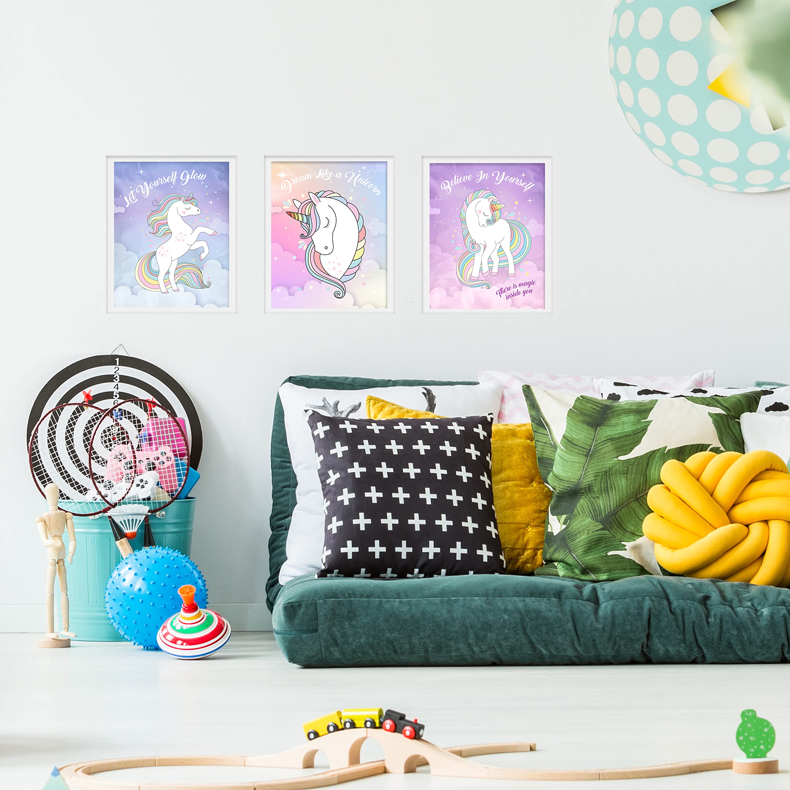 Unicorn Wall Decor, Glow In The Dark Unicorn Posters for Girls Bedroom, Glowing Pictures including Inspired Words, Birthday Gift for Girls, Little Kids Nursery, Toddlers