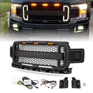 modifying raptor style grille mesh grill, compatible with ford f150 f-150 2018 2019 2020, with drl & turn signal lights - matte black