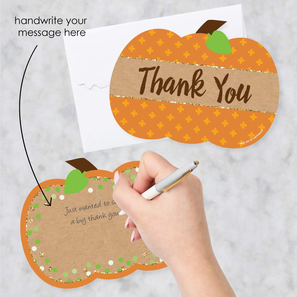 Big Dot of Happiness Pumpkin Patch - Shaped Thank You Cards - Fall, Halloween or Thanksgiving Party Thank You Note Cards with Envelopes - Set of 12