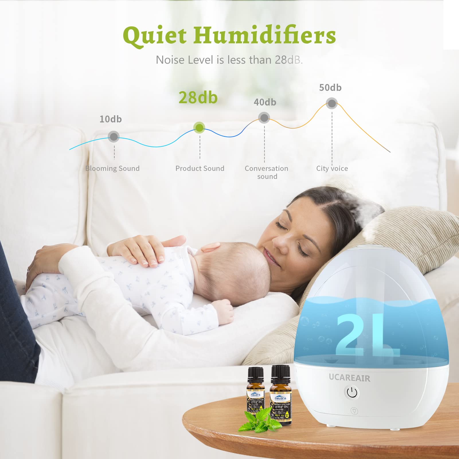 Ultrasonic Cool Mist Humidifiers for Bedroom,2L Humidifiers for Home, 28dB Whisper-Quiet Air Humidifiers for Baby Nursery, 360°Rotation Nozzle, Up to 30 Hours, Auto Shut-Off, 7-Color Night Light