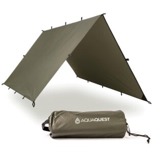 aquaquest safari waterproof camping tarp - lightweight sun shade or rain fly - camping essentials for hiking, backpacking & hammock, 10 x 10 ft, olive drab