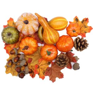 winemana thanksgiving artificial pumpkins fall decorations for home, 50pcs decor- 30 leaves, 10 acorns, 2 pinecones, 8 fake pumpkins, harvest farmhouse table tiered tray set