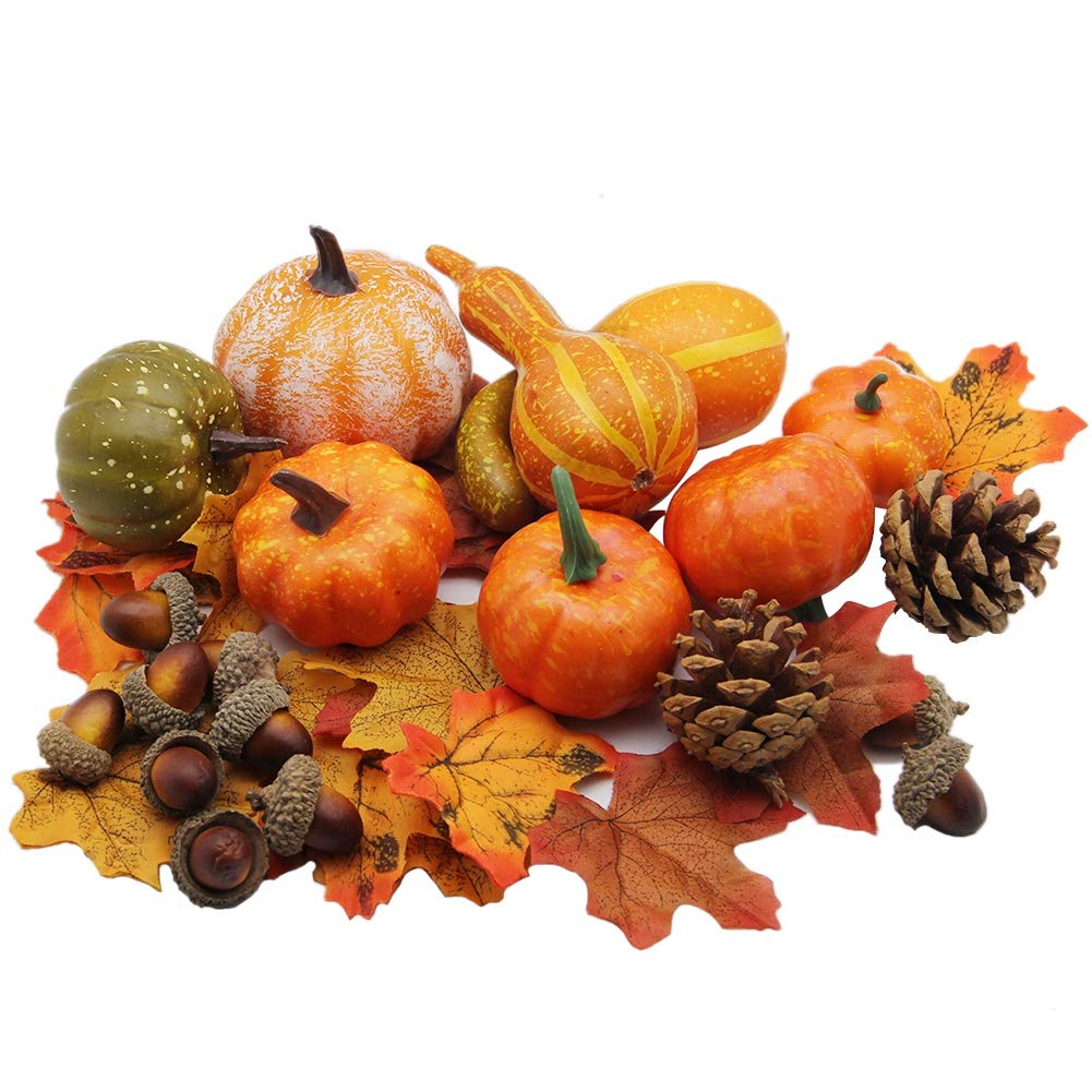 winemana Thanksgiving Artificial Pumpkins Fall Decorations for Home, 50Pcs Decor- 30 Leaves, 10 Acorns, 2 Pinecones, 8 Fake Pumpkins, Harvest Farmhouse Table Tiered Tray Set