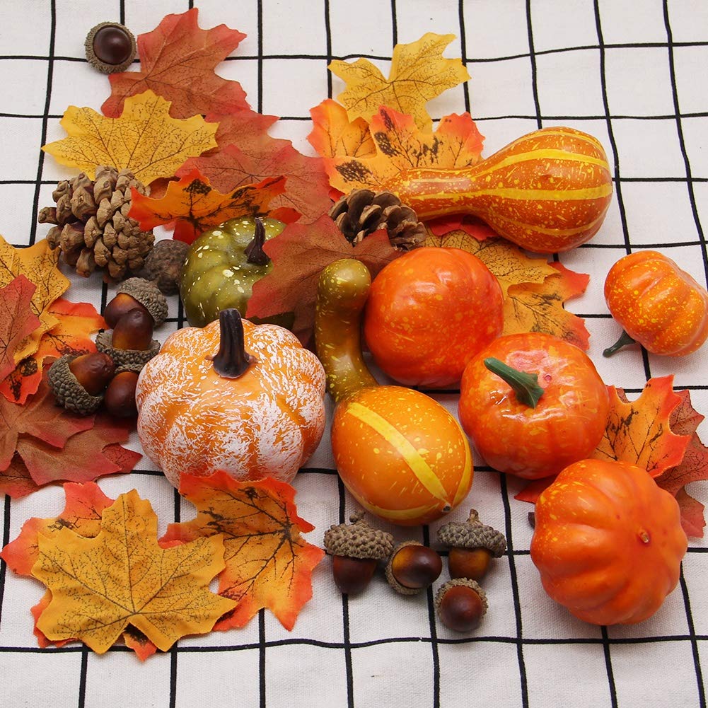 winemana Thanksgiving Artificial Pumpkins Fall Decorations for Home, 50Pcs Decor- 30 Leaves, 10 Acorns, 2 Pinecones, 8 Fake Pumpkins, Harvest Farmhouse Table Tiered Tray Set