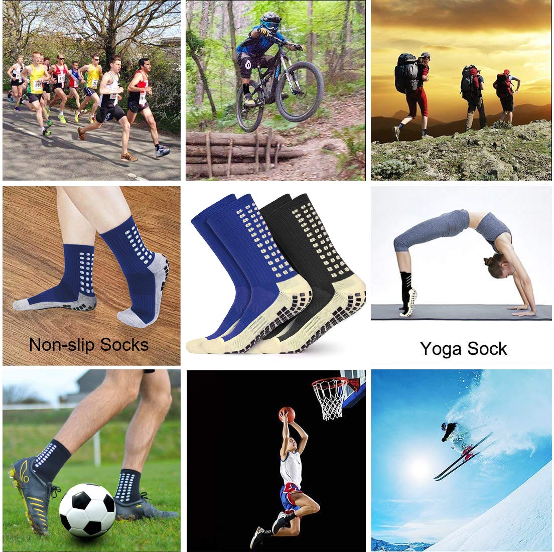 Wrzbest 2 Pair Anti Slip Soccer/Football/Basketball/Hockey/Futbol Yoga Sports Socks with Grips for Adults Shoe Sizes 6-11.5 (2 Pair Anti Slip Ankle Socks)