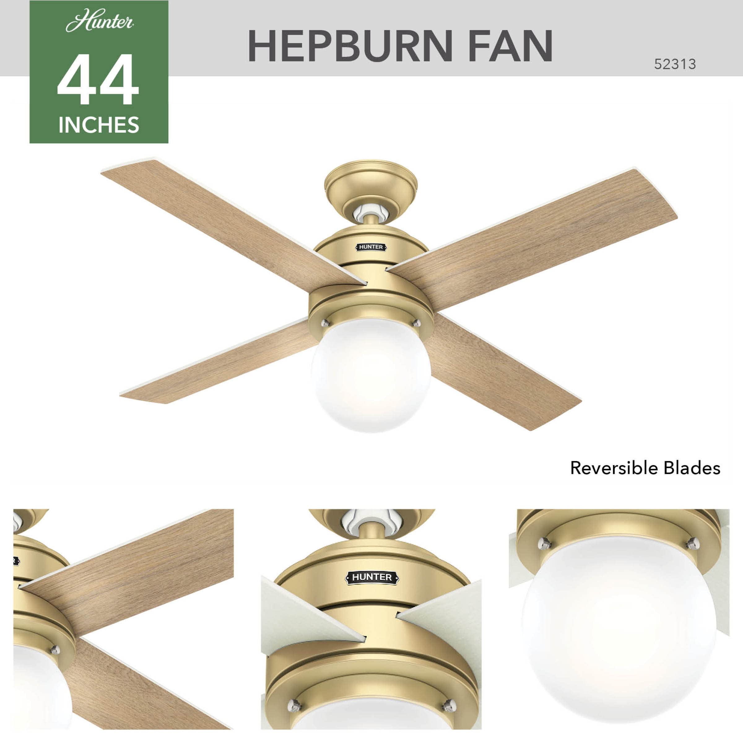 Hunter Fan Company 52313 Hunter Hepburn Indoor Ceiling Fan with LED Light and Wall Control, 44, Modern Brass Finish