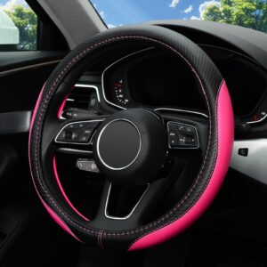 labbyway microfiber leather auto car steering wheel cover, universal fit 15 inch anti-slip wheel protector, pink