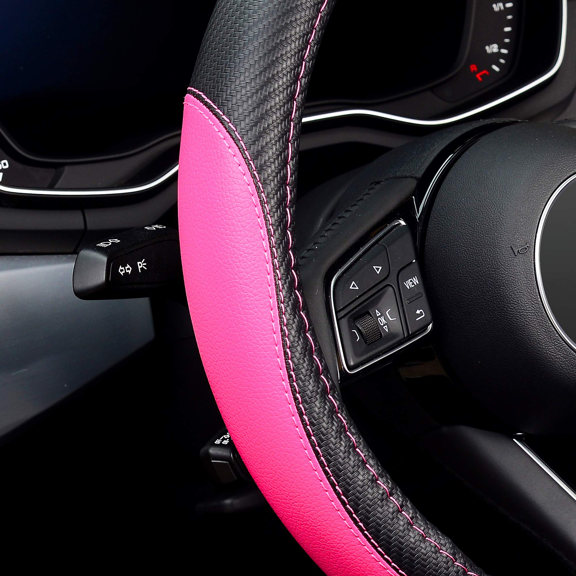 LABBYWAY Microfiber Leather Auto Car Steering Wheel Cover, Universal Fit 15 Inch Anti-Slip Wheel Protector, Pink