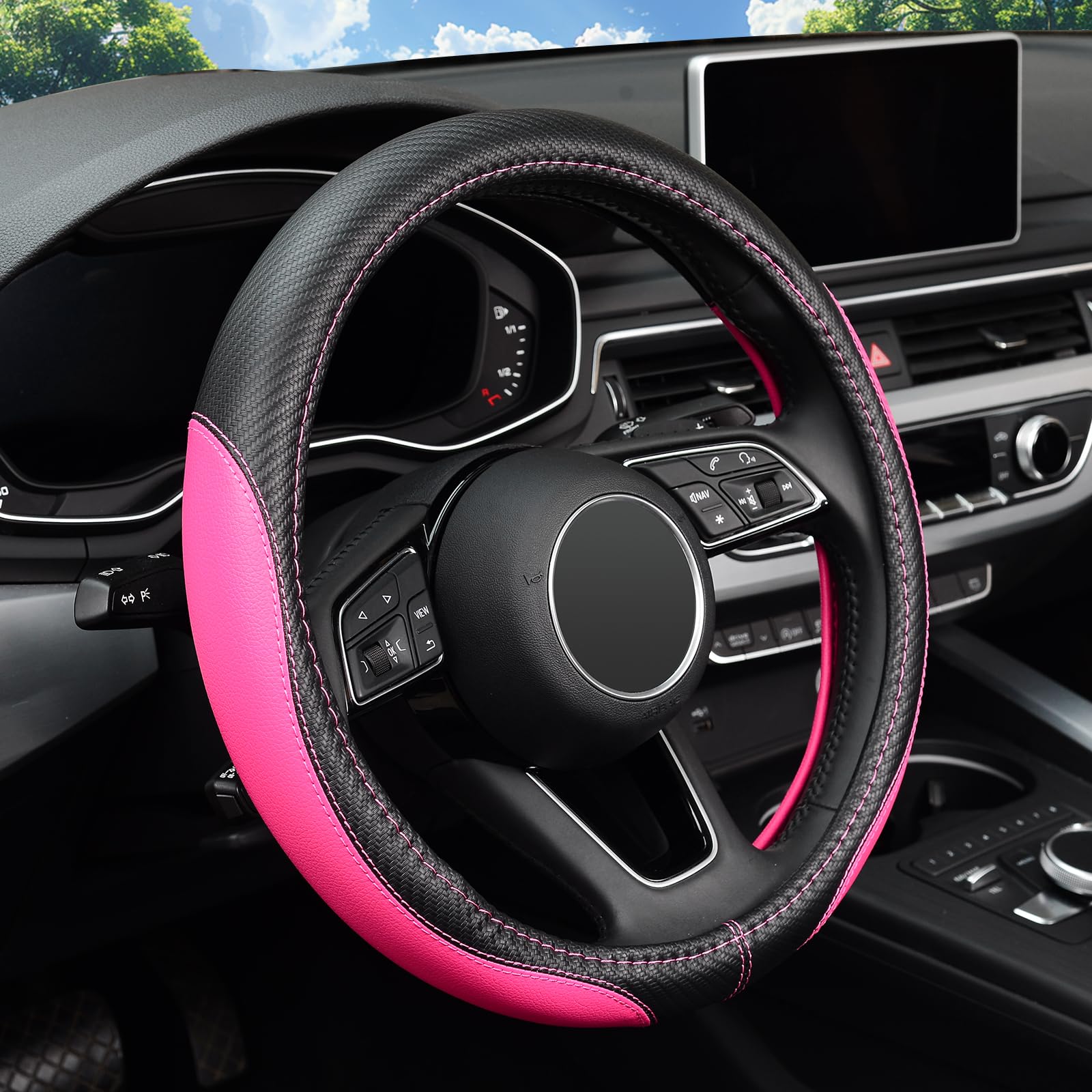 LABBYWAY Microfiber Leather Auto Car Steering Wheel Cover, Universal Fit 15 Inch Anti-Slip Wheel Protector, Pink