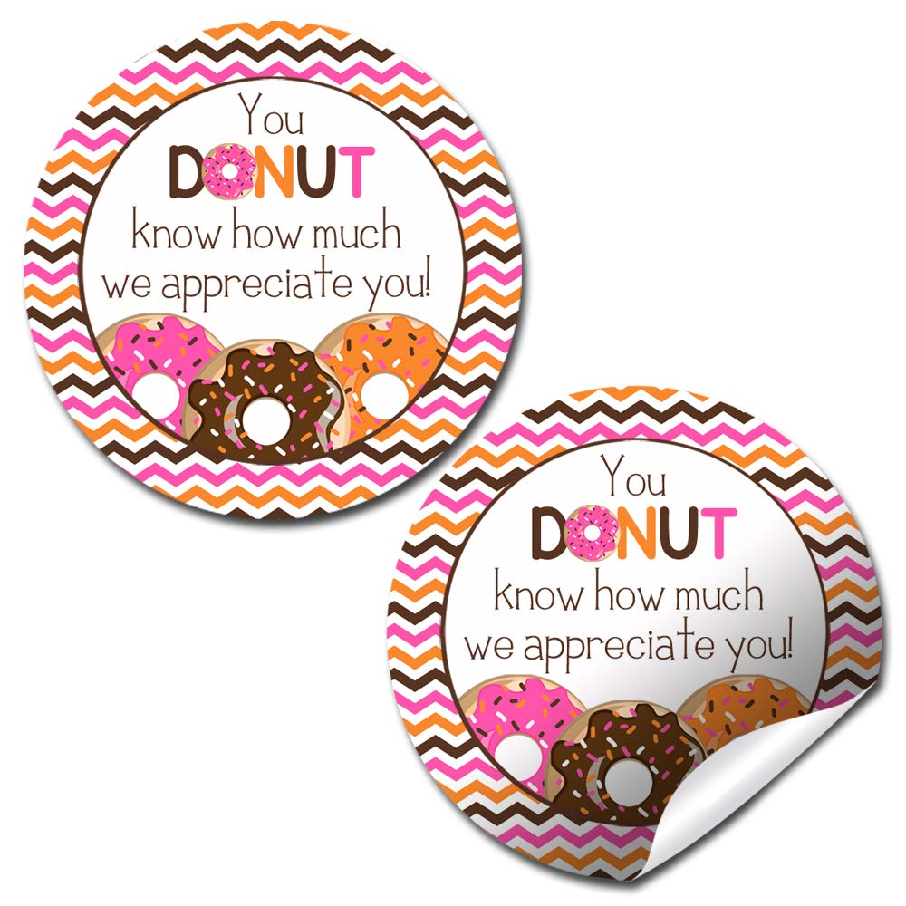 “Donut Know” Teacher, Staff, or Employee Appreciation Thank You Sticker Labels, 40 2" Party Circle Stickers by AmandaCreation, Great for Envelope Seals & Gift Bags