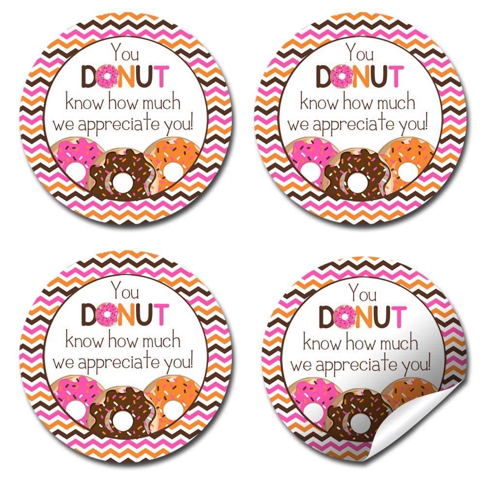 “Donut Know” Teacher, Staff, or Employee Appreciation Thank You Sticker Labels, 40 2" Party Circle Stickers by AmandaCreation, Great for Envelope Seals & Gift Bags