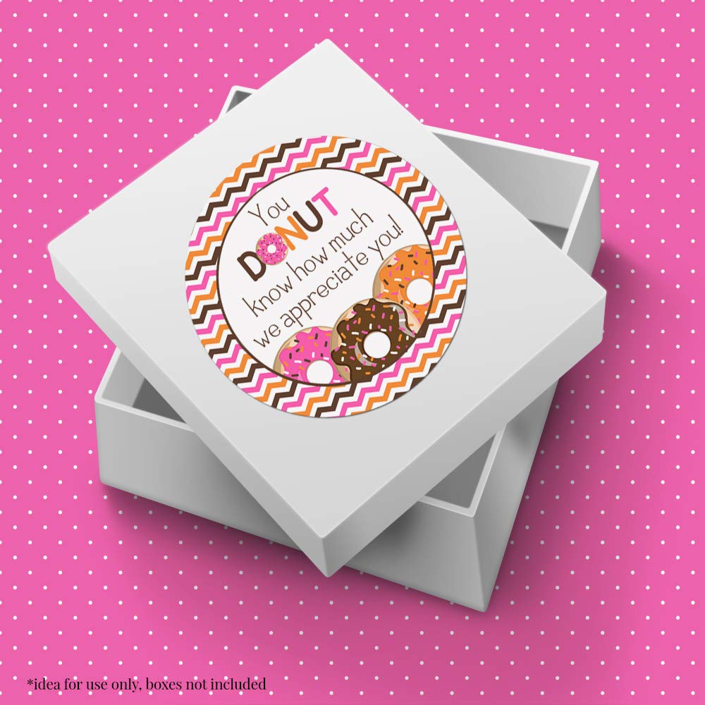 “Donut Know” Teacher, Staff, or Employee Appreciation Thank You Sticker Labels, 40 2" Party Circle Stickers by AmandaCreation, Great for Envelope Seals & Gift Bags