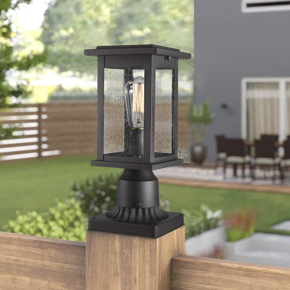 Emliviar Outdoor Post Light Fixtures 2 Pack, Exterior Pillar Light in Black Finish with Seeded Glass, 1803EW1-P-2PK