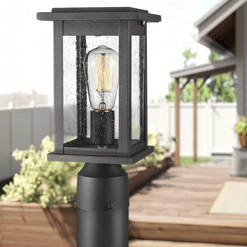 Emliviar Outdoor Post Light Fixtures 2 Pack, Exterior Pillar Light in Black Finish with Seeded Glass, 1803EW1-P-2PK