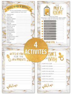 baby shower game bundle | 40 cards - four baby shower activities | baby shower price is right | baby shower word unscramble | notes of advice | wishes for baby | baby shower activities