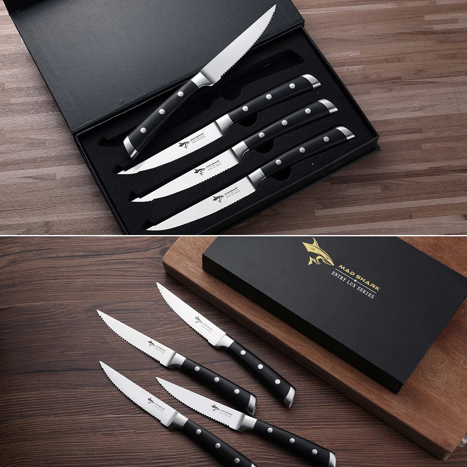 MAD SHARK Steak Knives Set of 4, Premium 4.5-inch Serrated Steak Knife Set, Ultra Sharp German High Carbon Stainless Steel Triple Rivet Collection 4-Piece Kitchen Steak Knife Set with Gift Box