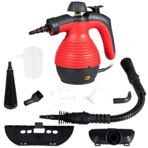 goplus handheld pressurized steam cleaner with 9 piece accessories, multipurpose steamer w/safety lock for carpet curtain car seat, 1050w portable upholstery steamer for home kitchen bathroom(red)