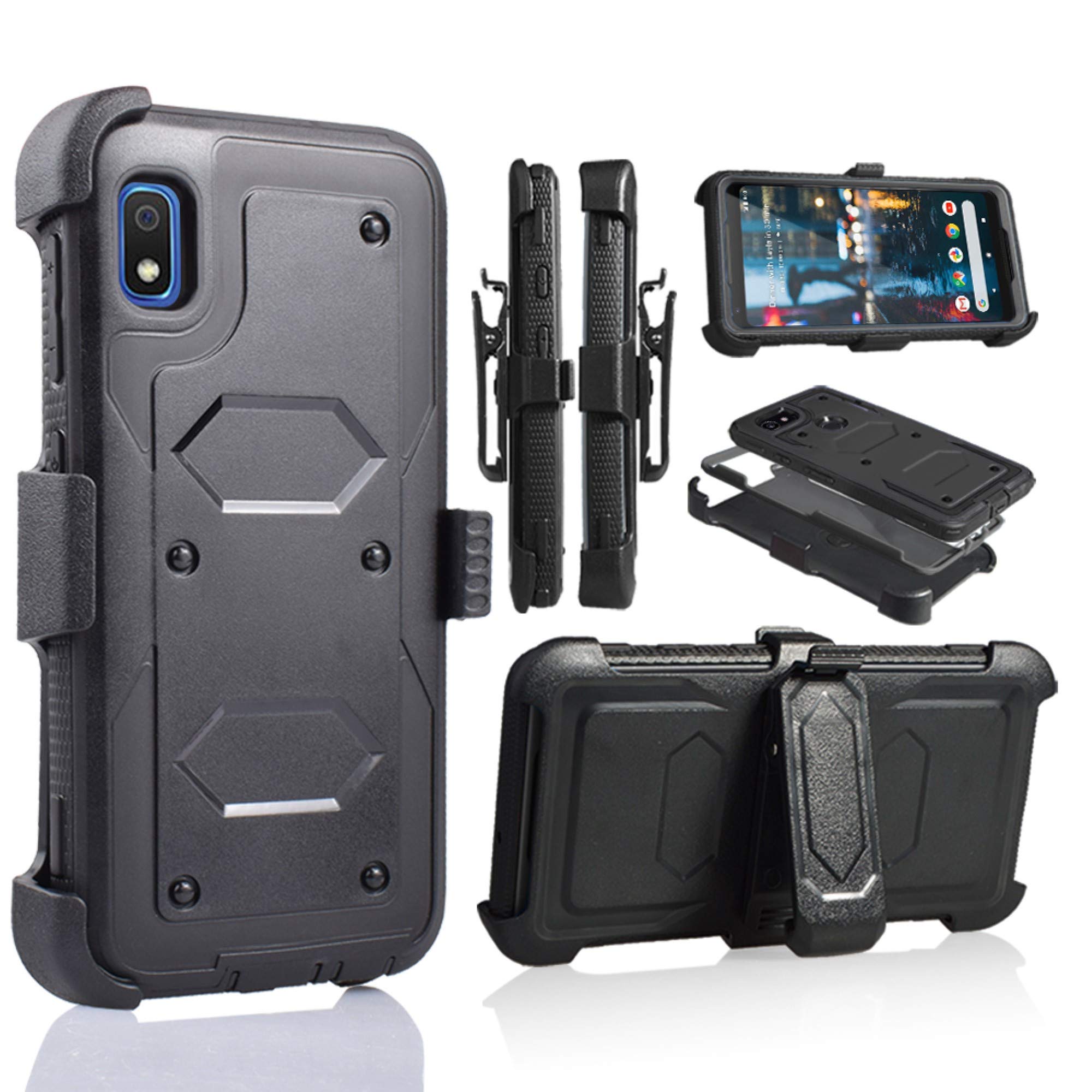 A10E Case, for Samsung Galaxy A10E Full Body Armor Rugged Holster Defender Hybrid Tough Case with 360 Swivel Belt Clip Kickstand & Built in Screen Protector (Black)