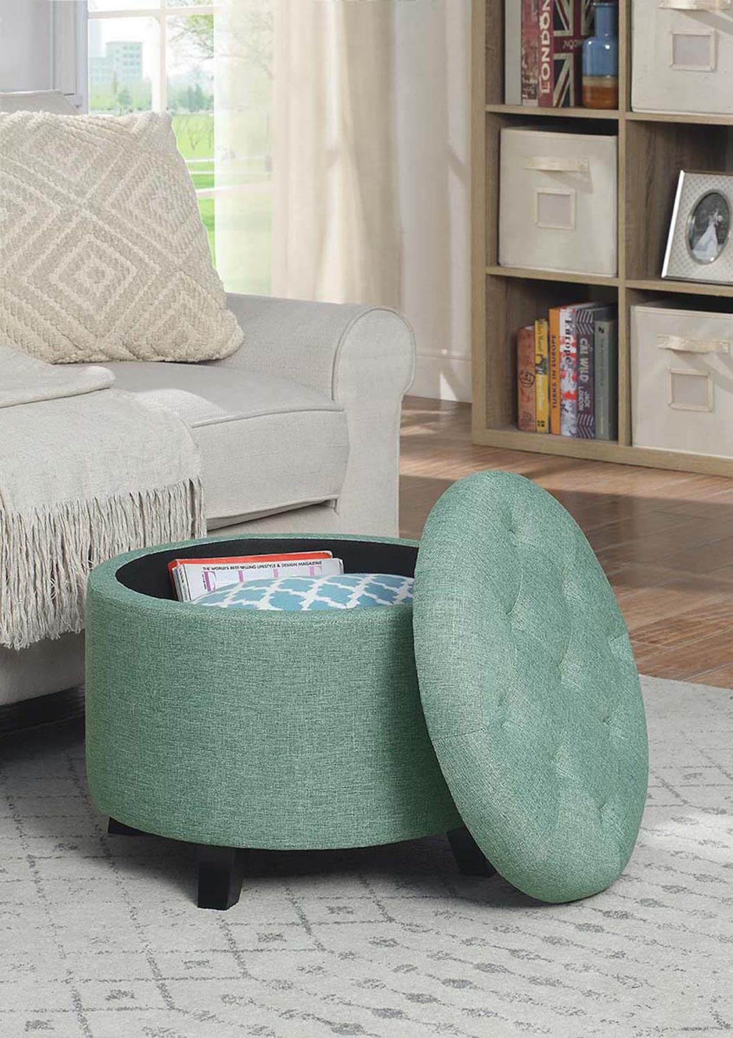 Convenience Concepts Designs4Comfort Round Storage Ottoman 19.75" - Versatile Contemporary Foot Stool for Living Room, Office, Green Fabric