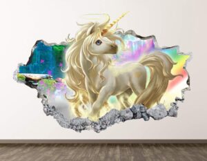 unicorn wall decal art decor 3d smashed kids fantasy sticker mural nursery girl gift bl05 (22"w x 14"h)