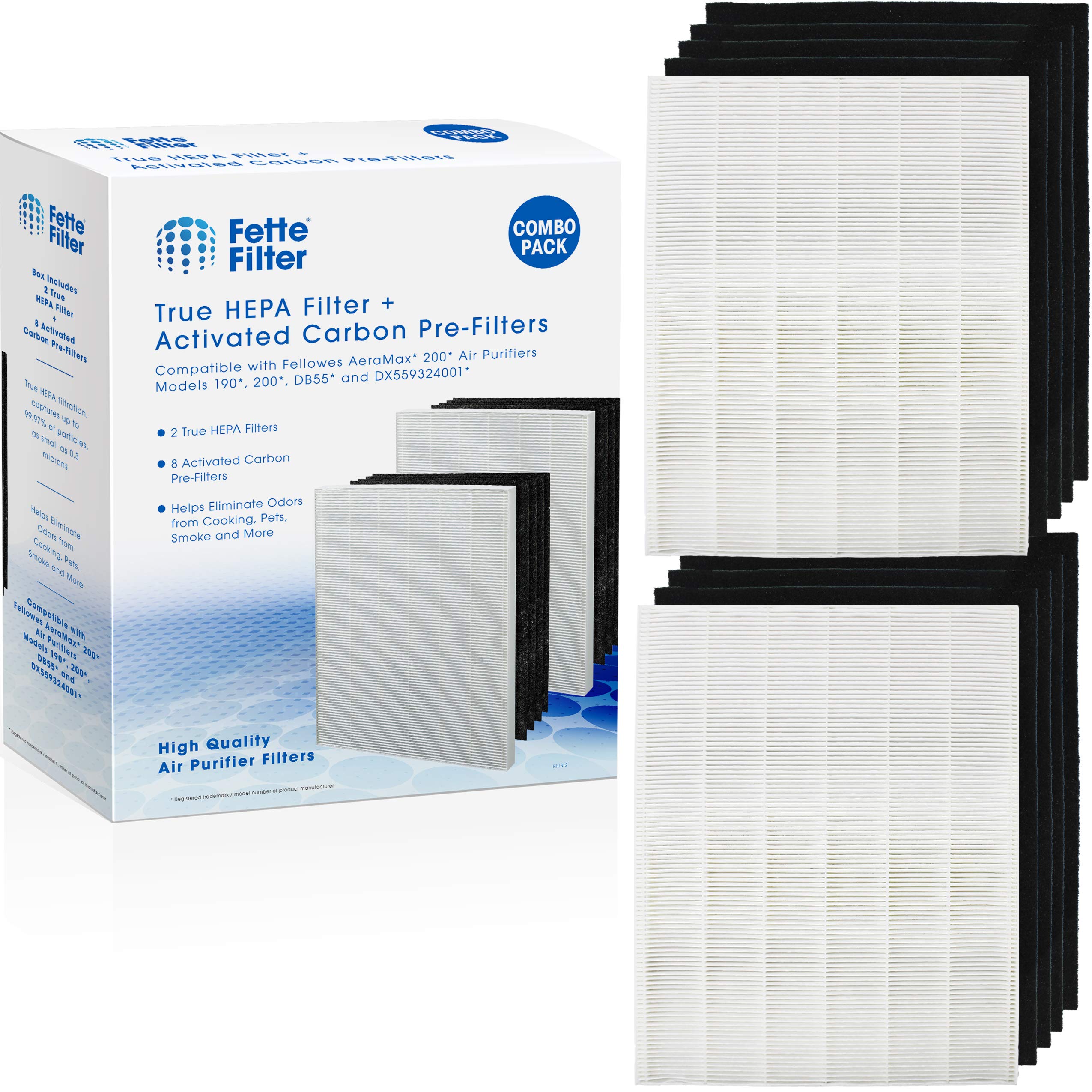 Fette Filter -Premium True Hepa H13 Filter Replacement Compatible with Fellowes AeraMax 190/200/DX55 Air Cleaner Purifiers Part # 9287101 9324101 (2-Hepa + 8 Carbon Filters)