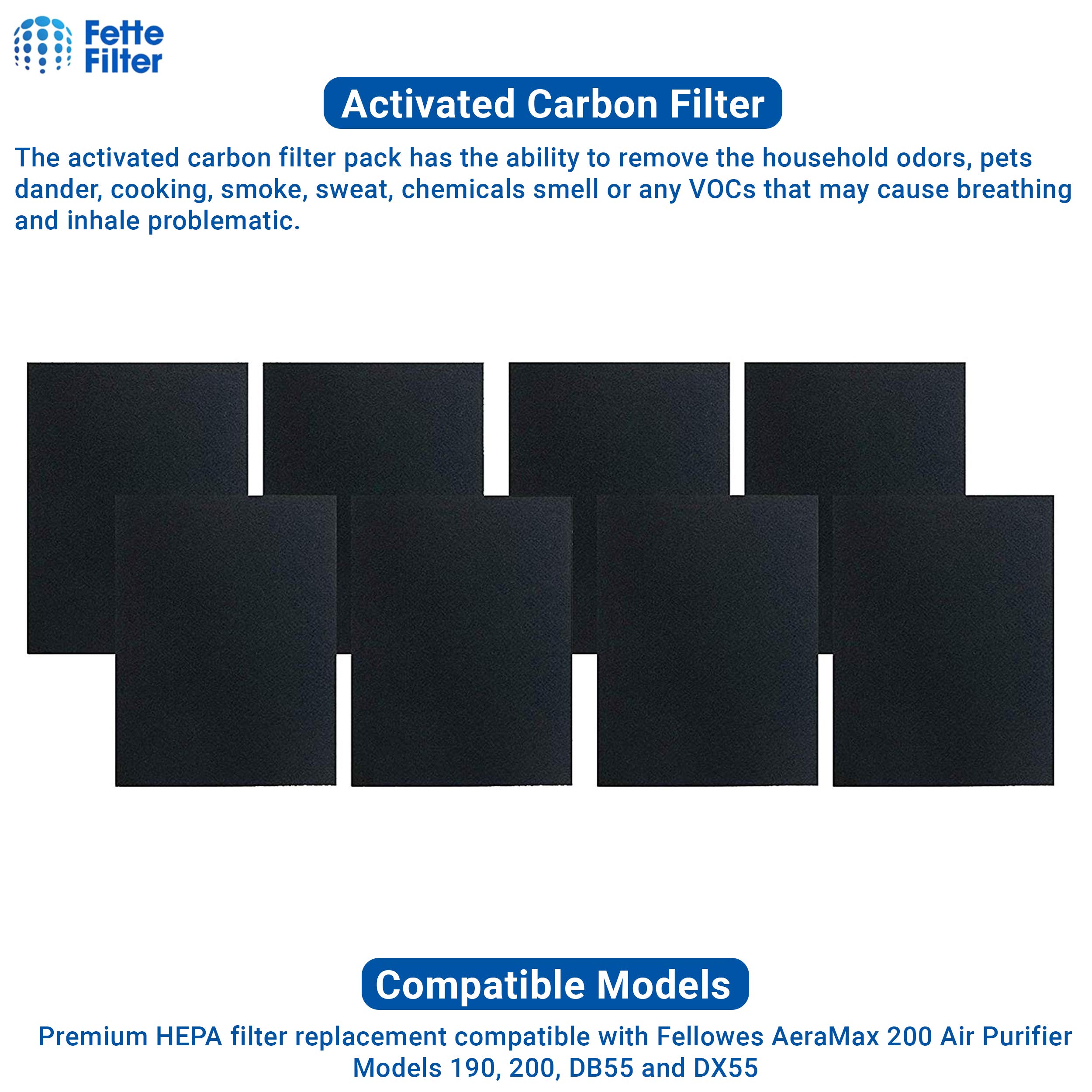 Fette Filter -Premium True Hepa H13 Filter Replacement Compatible with Fellowes AeraMax 190/200/DX55 Air Cleaner Purifiers Part # 9287101 9324101 (2-Hepa + 8 Carbon Filters)