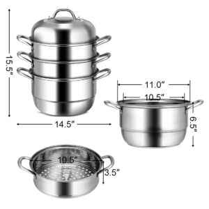 COSTWAY 4-Tier Steamer for Cooking, 11 Inch Stainless Steel Steamer Pot with Tempered Glass Lid, Handles on Both Sides, Includes 2 Steaming Septa, Dishwasher Safe, Ideal for Vegetable, Food, Kitchen