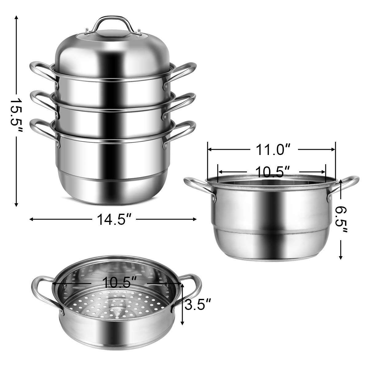 COSTWAY 4-Tier Steamer for Cooking, 11 Inch Stainless Steel Steamer Pot with Tempered Glass Lid, Handles on Both Sides, Includes 2 Steaming Septa, Dishwasher Safe, Ideal for Vegetable, Food, Kitchen