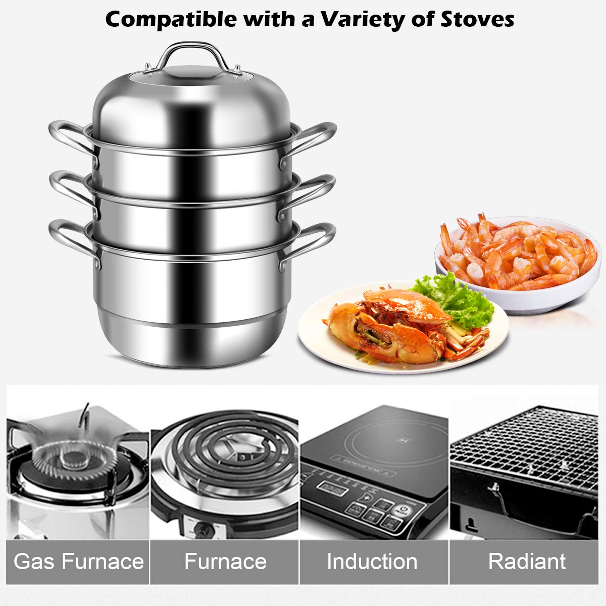 COSTWAY 4-Tier Steamer for Cooking, 11 Inch Stainless Steel Steamer Pot with Tempered Glass Lid, Handles on Both Sides, Includes 2 Steaming Septa, Dishwasher Safe, Ideal for Vegetable, Food, Kitchen