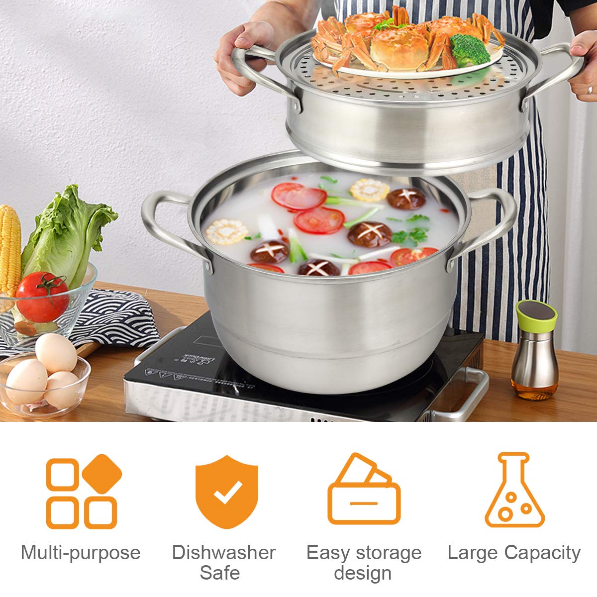 COSTWAY 4-Tier Steamer for Cooking, 11 Inch Stainless Steel Steamer Pot with Tempered Glass Lid, Handles on Both Sides, Includes 2 Steaming Septa, Dishwasher Safe, Ideal for Vegetable, Food, Kitchen