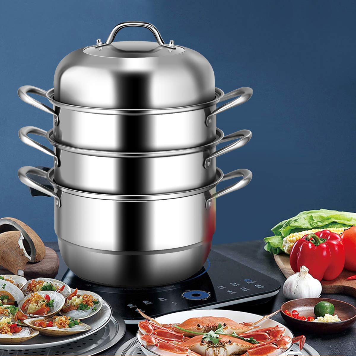 COSTWAY 4-Tier Steamer for Cooking, 11 Inch Stainless Steel Steamer Pot with Tempered Glass Lid, Handles on Both Sides, Includes 2 Steaming Septa, Dishwasher Safe, Ideal for Vegetable, Food, Kitchen