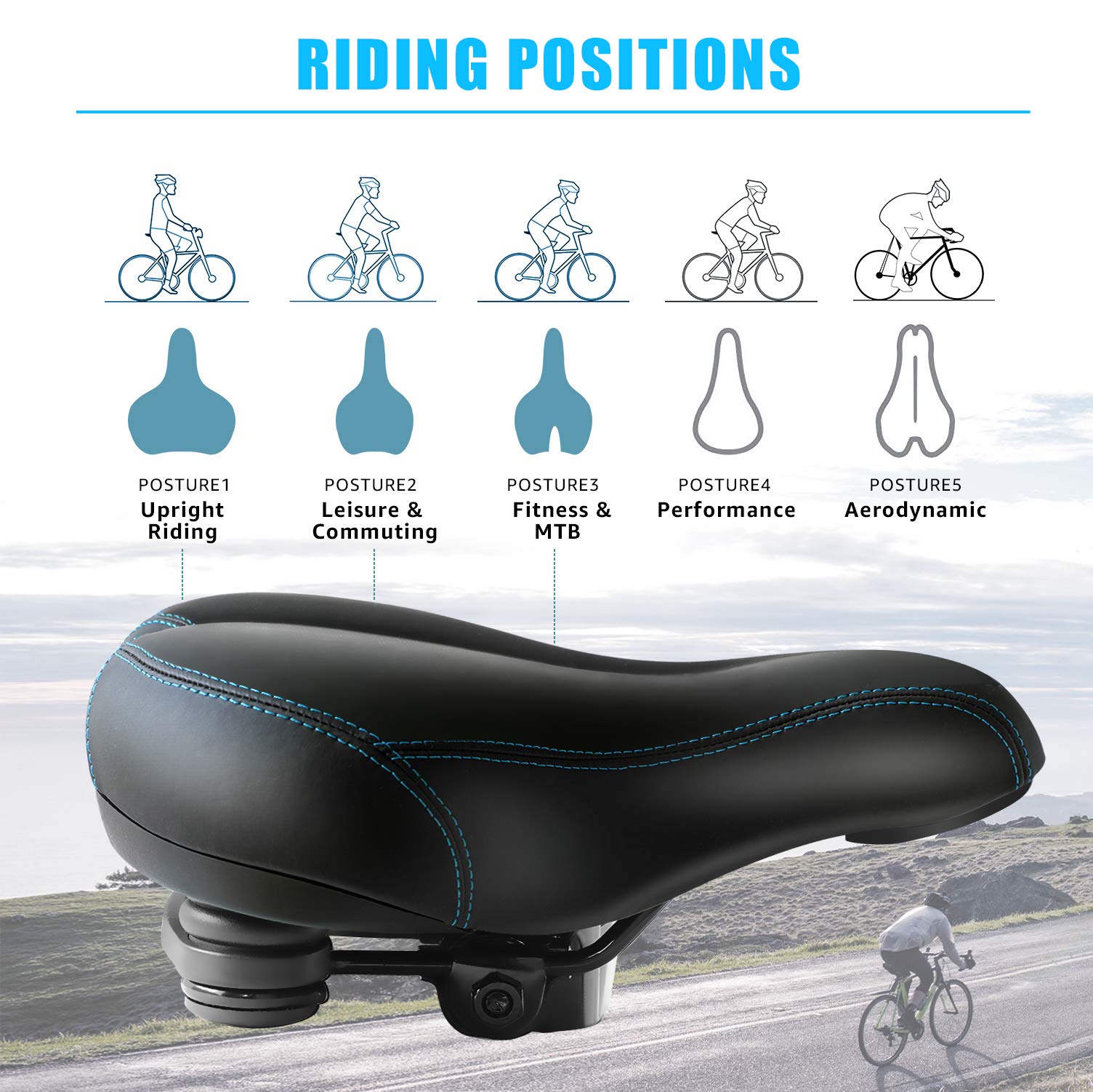 AIKATE Bike Seat, Most Comfortable Bike Saddle, Universal Replacement Bicycle Saddle, Waterproof Bicycle Seat with Extra Padded Memory Foam, Oversizes Bike Seat for Men/Women (Blue)