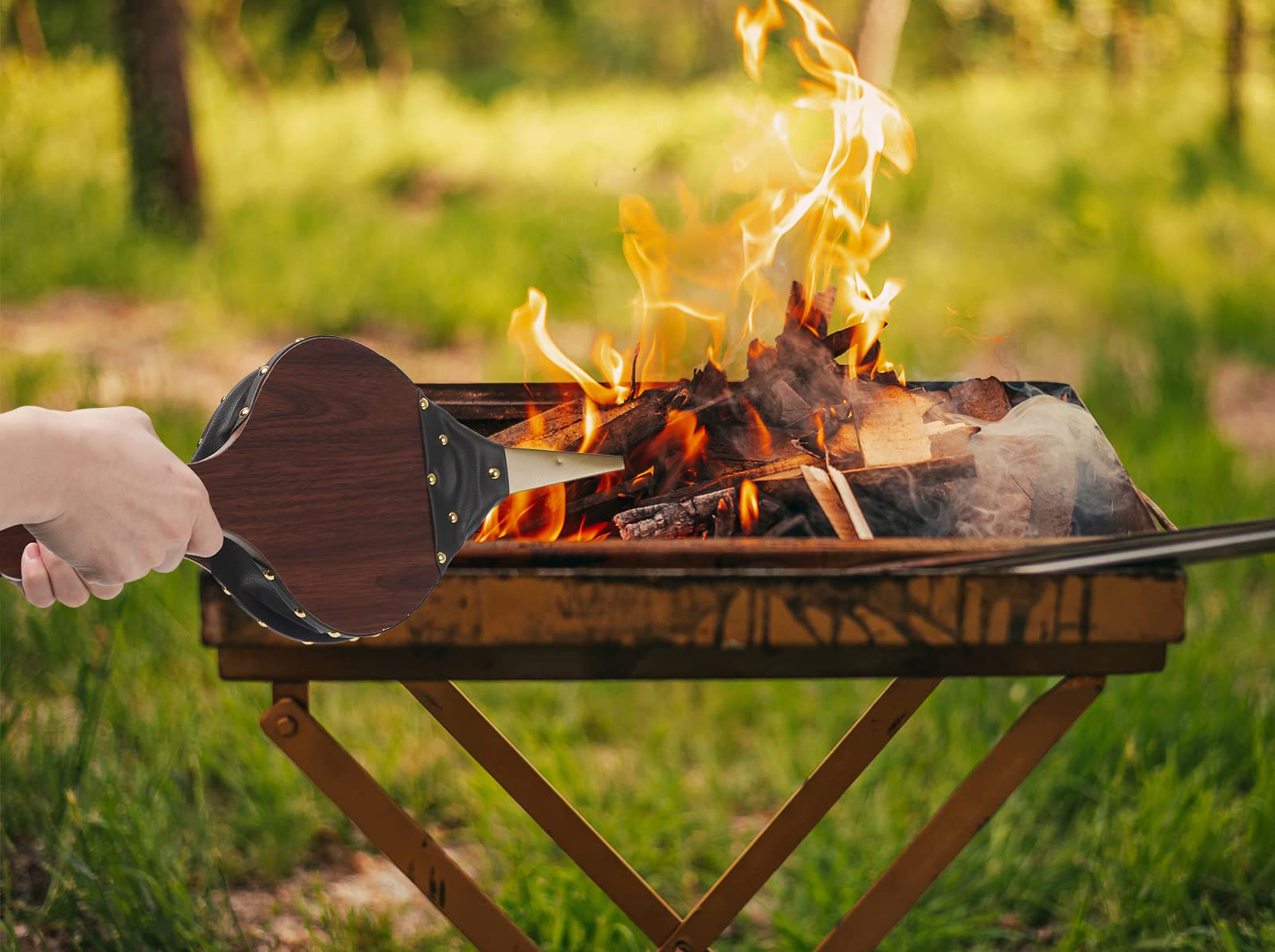 Wood Fireplace Bellows 17''x7.5'' with Hanging Leather Strap, Brown Air Bellower for Outdoor BBQ and Camping