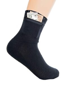 flippysox premium socks with patented zipper wallet - comfortable cotton polyester blend, ethically sourced, ideal for active people, travelers, concertgoers, runners, hikers, bikers - black socks