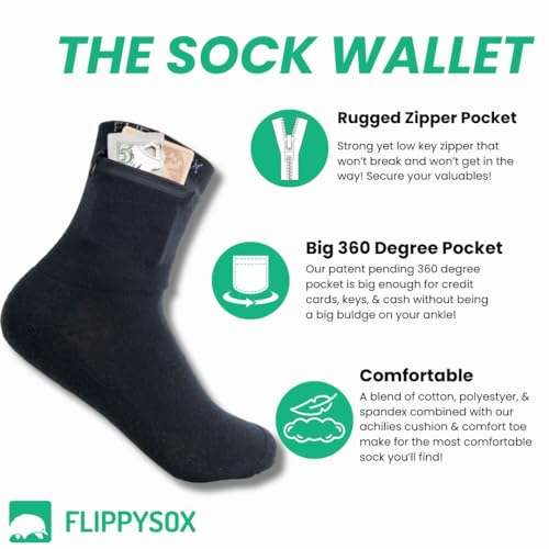 Flippysox Premium Socks with Patented Zipper Wallet - Comfortable Cotton Polyester Blend, Ethically Sourced, Ideal for Active People, Travelers, Concertgoers, Runners, Hikers, Bikers - Black Socks