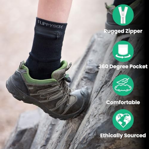 Flippysox Premium Socks with Patented Zipper Wallet - Comfortable Cotton Polyester Blend, Ethically Sourced, Ideal for Active People, Travelers, Concertgoers, Runners, Hikers, Bikers - Black Socks