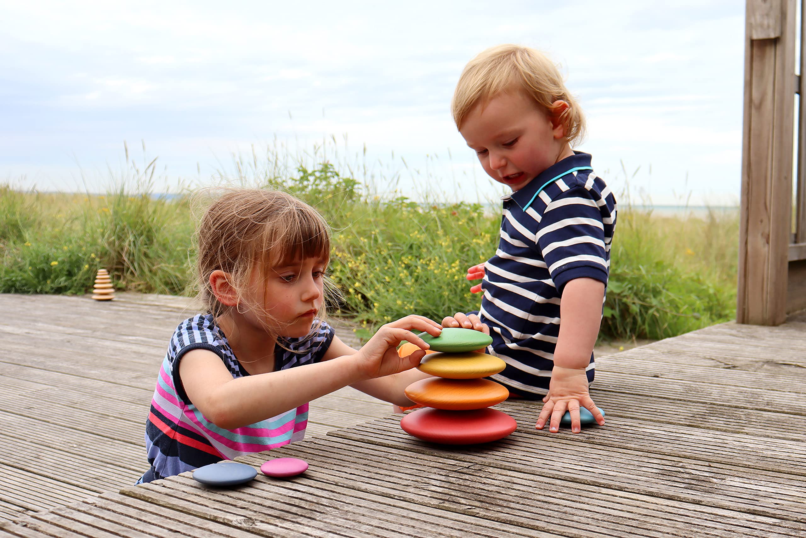 TickiT Rainbow Buttons - Set of 7 - Wooden Stacking Stones for Babies and Toddlers Aged 0+ - Natural Toy for Early Development and Open-Ended Play