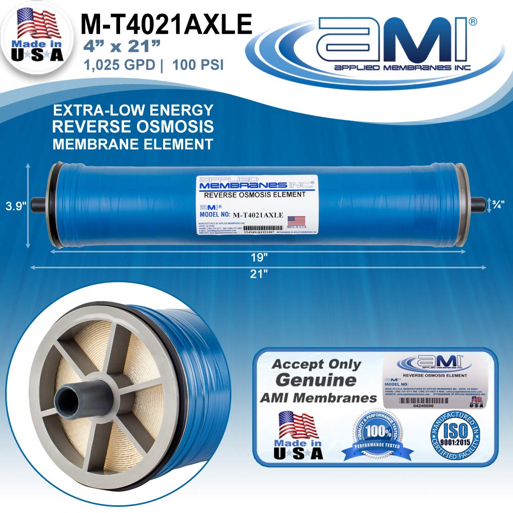 4" x 21" Reverse Osmosis Membrane Element for Tap Water | High Flow 1025 GPD at 100 psi | 99.5% Rejection | Replacement Commercial RO Membrane | Applied Membranes USA M-T4021AXLE