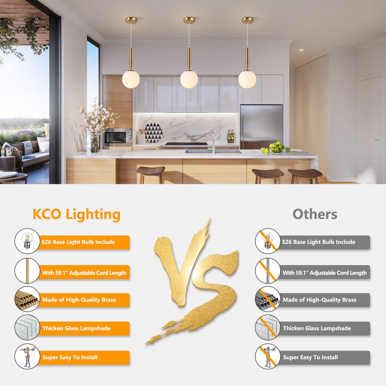 KCO Lighting Modern Globe Pendant Light Fixture White and Gold Pendant Light 1-Light Kitchen Island Single Pendant Lighting Round Glass Hanging Light Nordic Minimalist Ball Pendant Light (Gold)