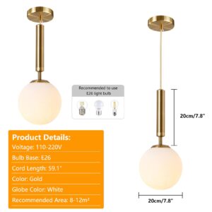 KCO Lighting Modern Globe Pendant Light Fixture White and Gold Pendant Light 1-Light Kitchen Island Single Pendant Lighting Round Glass Hanging Light Nordic Minimalist Ball Pendant Light (Gold)