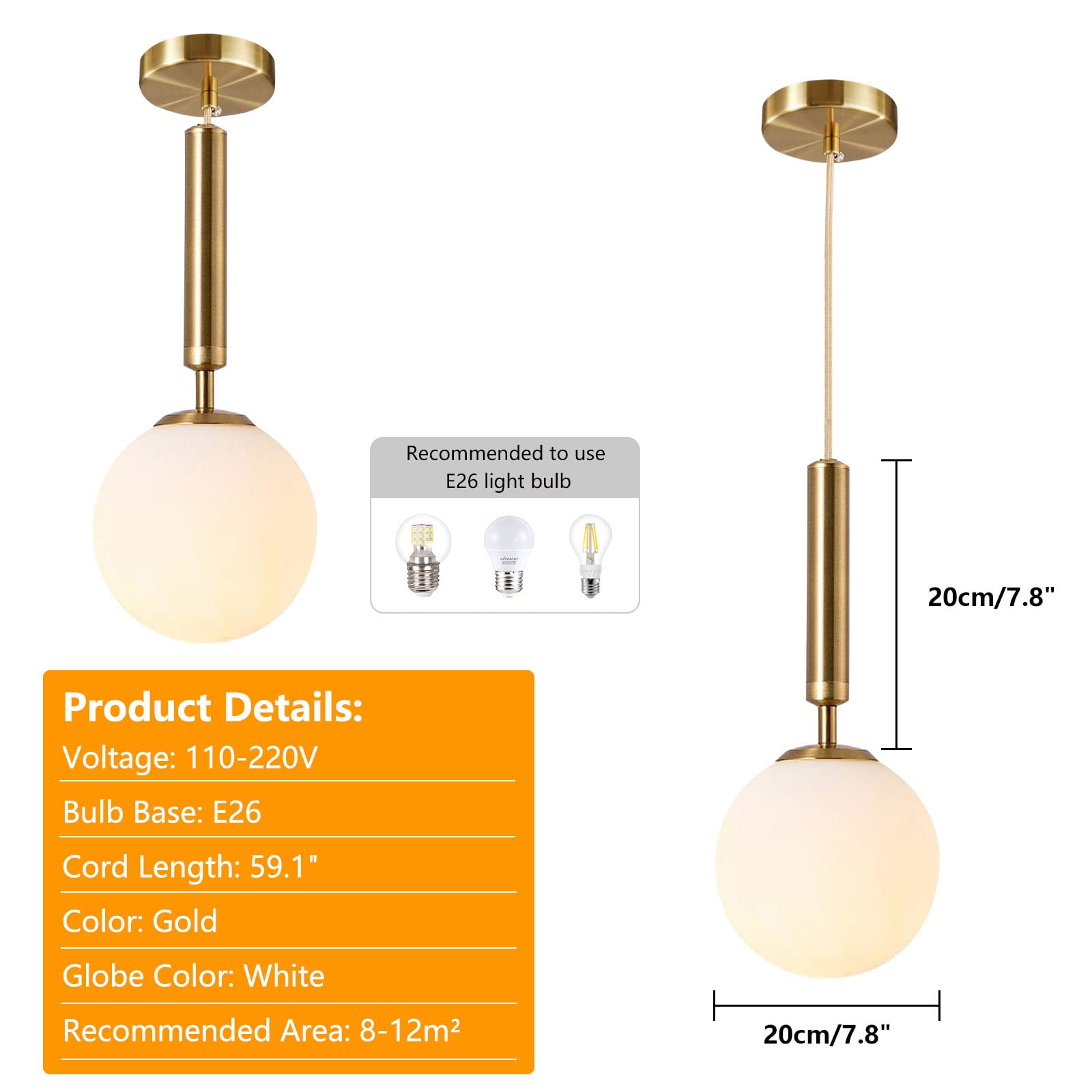 KCO Lighting Modern Globe Pendant Light Fixture White and Gold Pendant Light 1-Light Kitchen Island Single Pendant Lighting Round Glass Hanging Light Nordic Minimalist Ball Pendant Light (Gold)