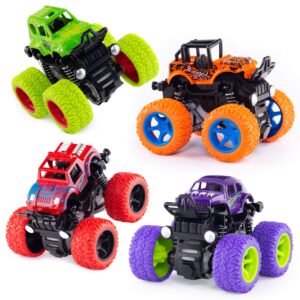 4 pack monster truck toys - friction powered push and go toy cars, inertia car toy set stunt toy vehicles, birthday party supplies for boys and girls