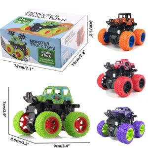 4 Pack Monster Truck Toys - Friction Powered Push and Go Toy Cars, Inertia Car Toy Set Stunt Toy Vehicles, Birthday Party Supplies for Boys and Girls