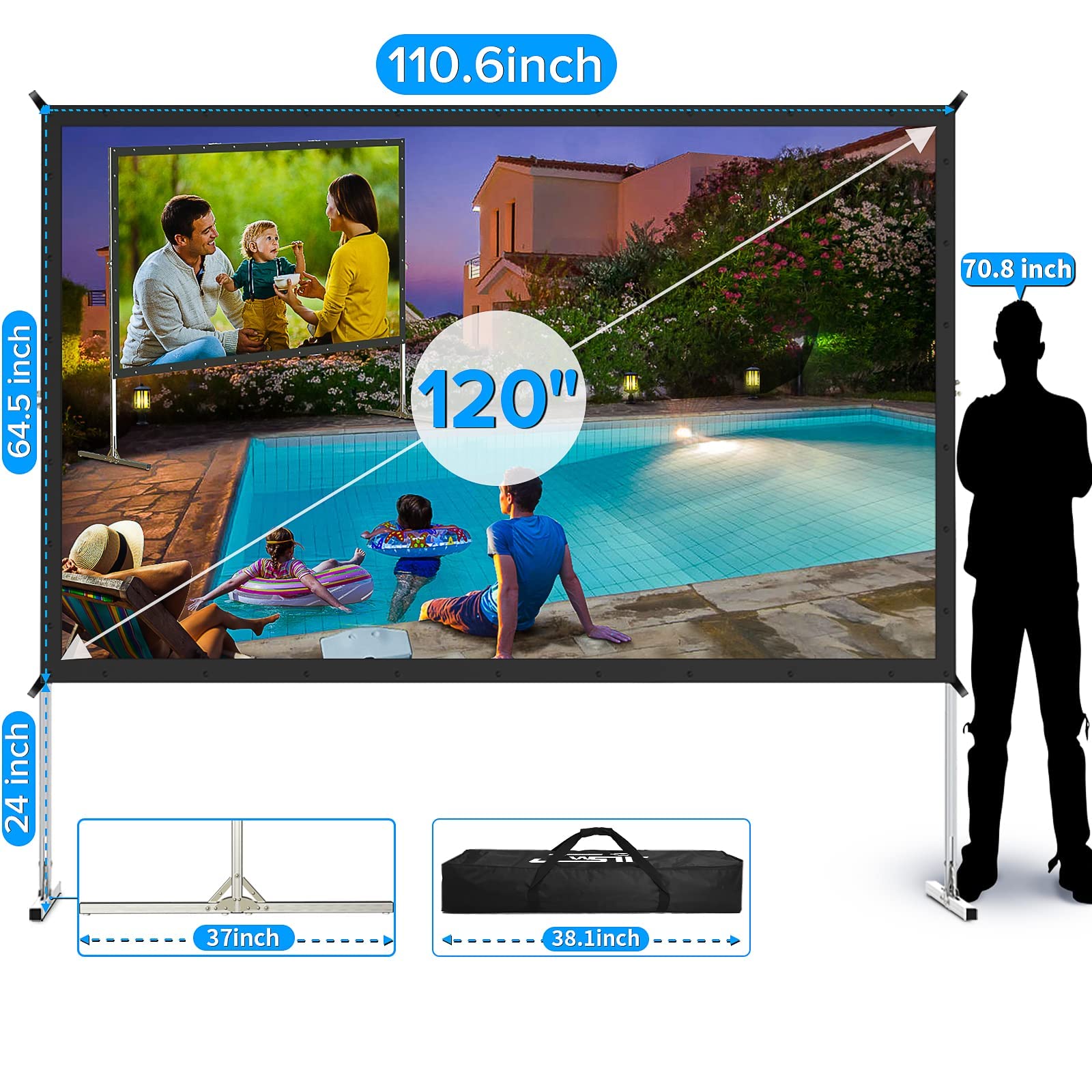 Projector Screen Outdoor,JWSIT 120 inch Outdoor Movie Screen-Upgraded 3 Layers PVC 16:9 Outdoor Projector Screen,Portable Video Projection Screen with Carrying Bag for Home Theater Backyard